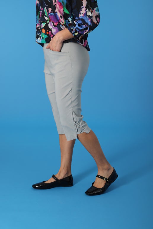 Platinum Bengaline Below Knee Pant With Metal Circle Detail in Silver ...