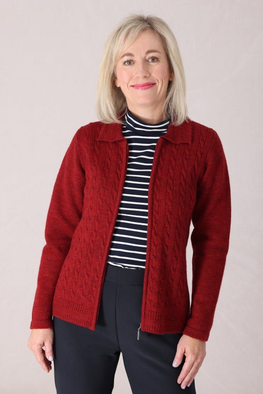 100% Worsted Wool Cardigan in Red | Caroline Eve