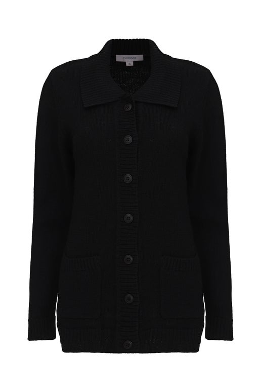100% Worsted Wool Cardigan in Black | Caroline Eve