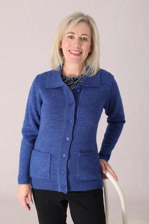 100% Worsted Wool Cardigan in Blue | Caroline Eve
