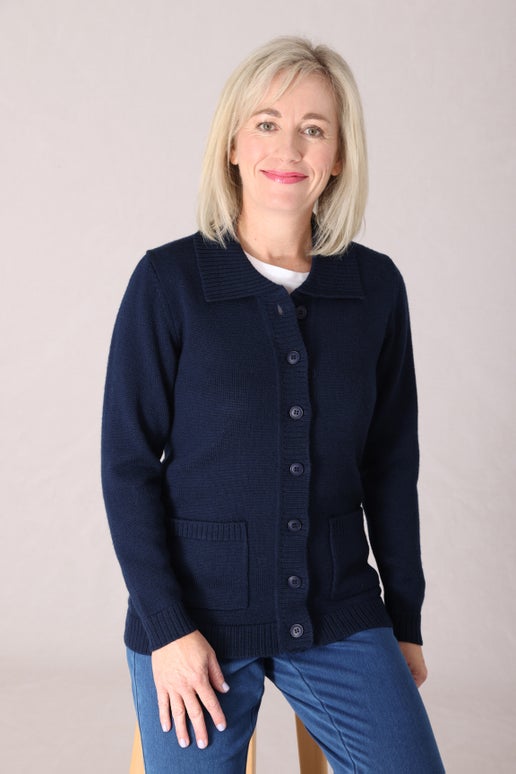 100% Worsted Wool Cardigan in Navy | Caroline Eve