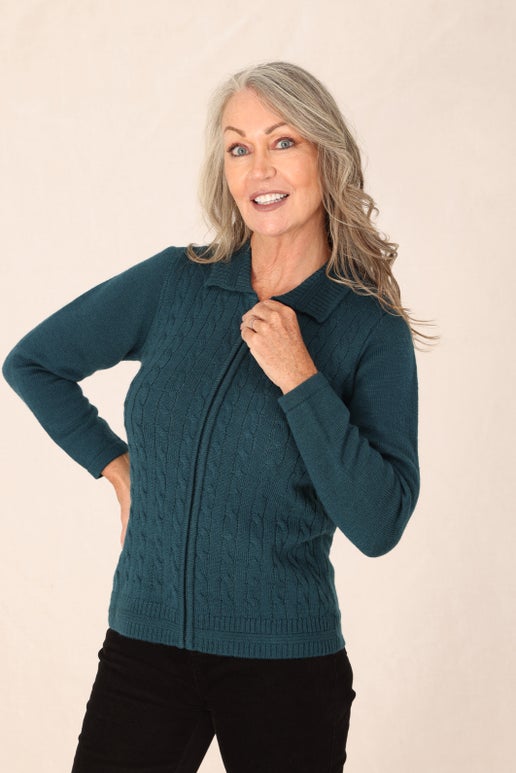 100% Worsted Wool Cardigan in Blue | Caroline Eve