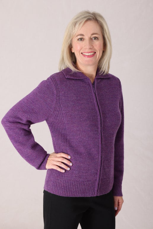 100% Worsted Wool Cardigan in Purple | Caroline Eve