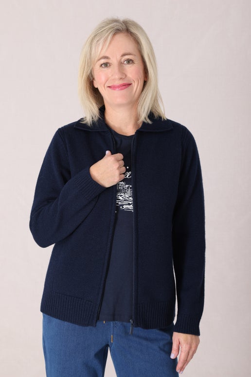 100% Worsted Wool Cardigan in Navy | Caroline Eve