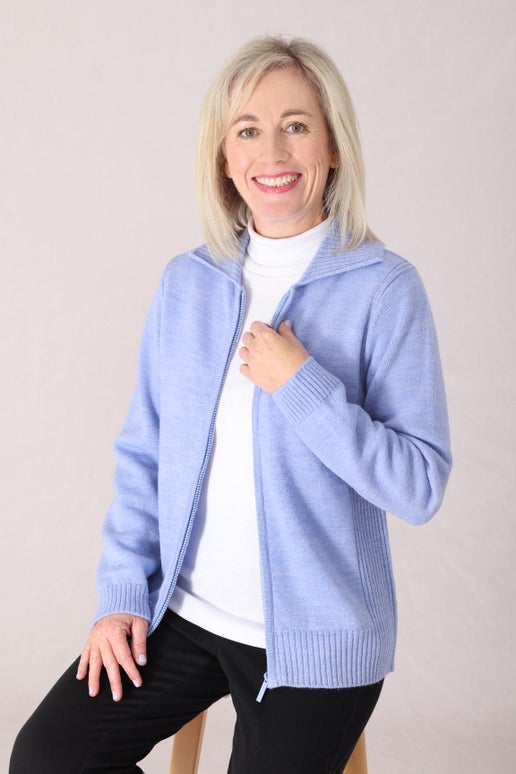 100% Worsted Wool Cardigan in Blue | Caroline Eve