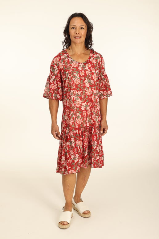 Printed Chiffon Dress in Red | Caroline Eve