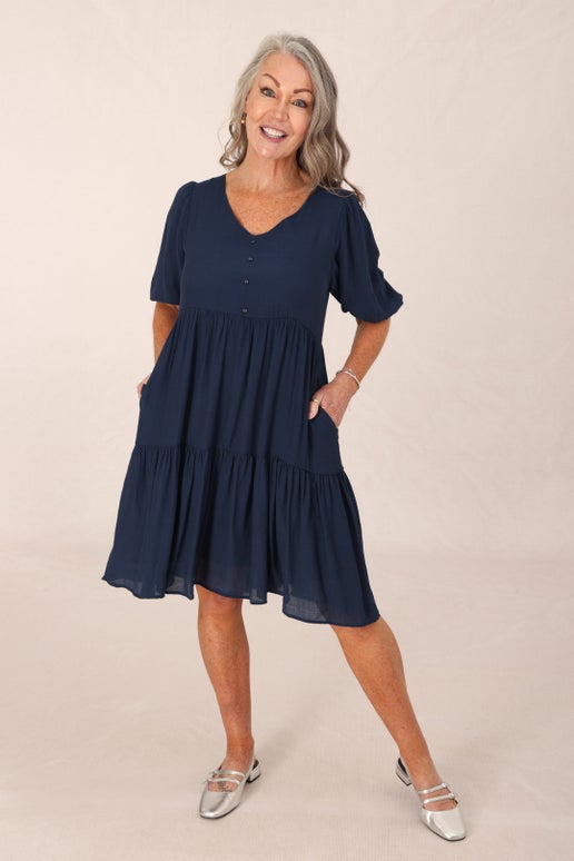 Soft Cross Hatch Dress in Navy | Caroline Eve