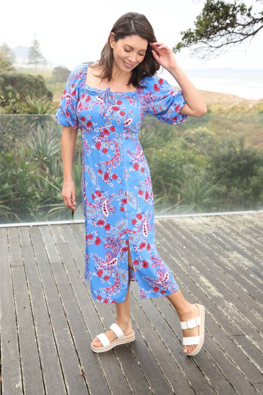 Printed Rayon Dress in Blue | Caroline Eve