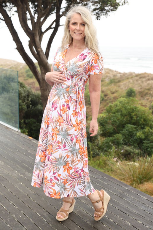 Slinky Knit Cross Over Dress in White | Caroline Eve