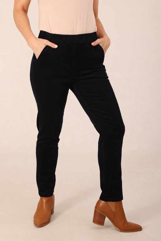 Stretch Cord Tapered Leg Extra Short Pant in Navy | Caroline Eve