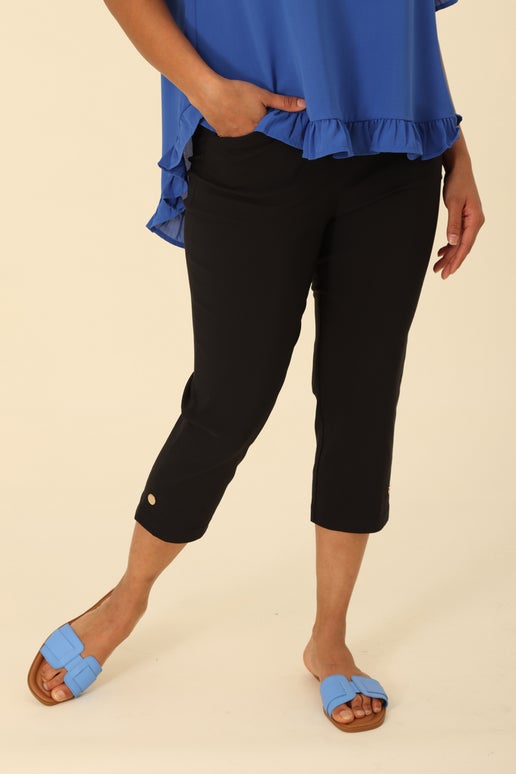 Platinum Bengaline Mid Calf Pant With Gold Dome Trim in Black ...