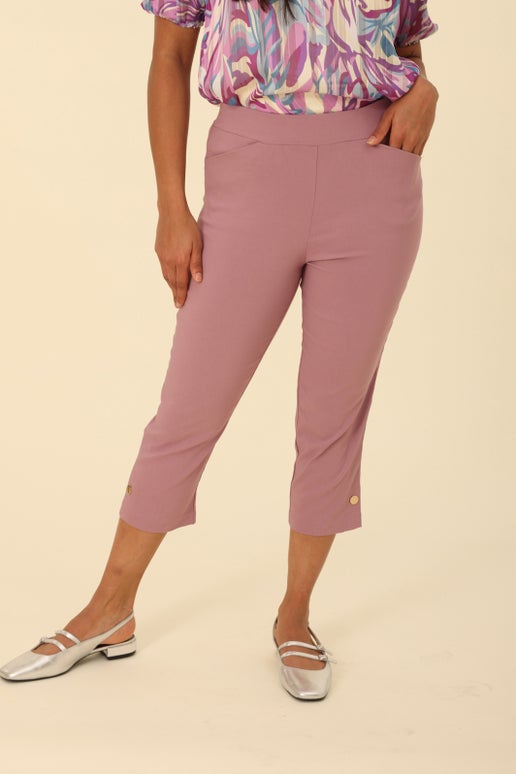Platinum Bengaline Mid Calf Pant With Gold Dome Trim in Pink | Caroline Eve