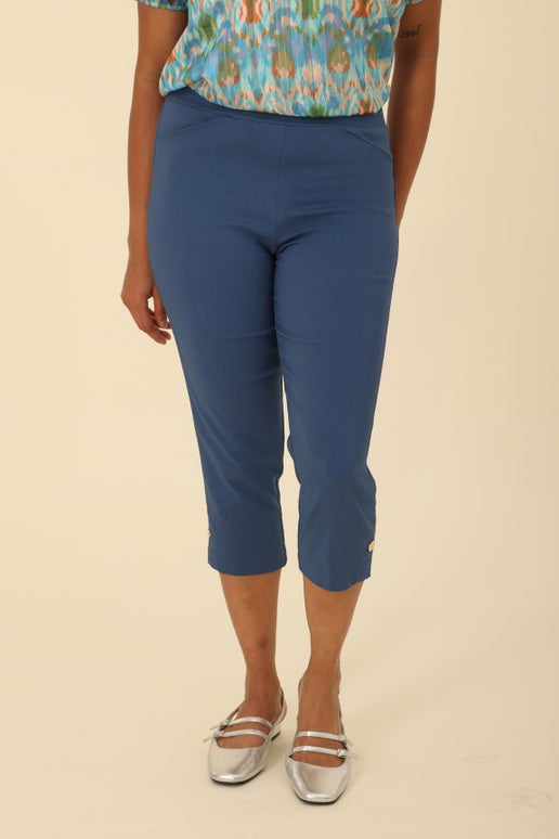 Platinum Bengaline Mid Calf Pant With Gold Dome Trim in Blue | Caroline Eve