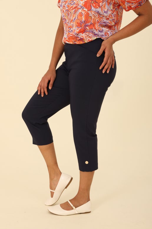 Platinum Bengaline Mid Calf Pant With Gold Dome Trim in Navy | Caroline Eve