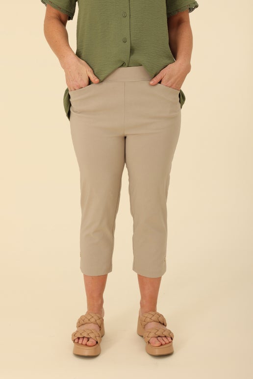 Platinum Bengaline Mid Calf Pant With Gold Dome Trim in Natural ...