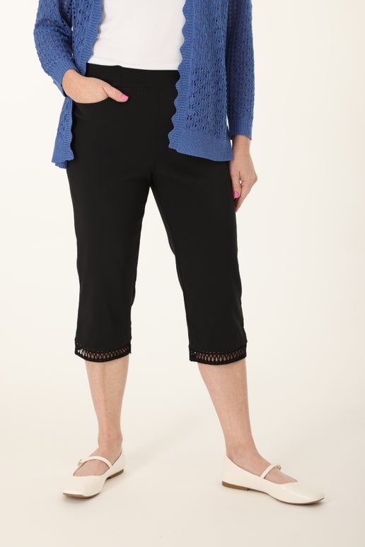 Platinum Bengaline Mid Calf Pant With Lace Trim in Black | Caroline Eve