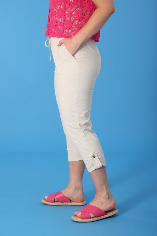 Cotton Linen Blend Mid Calf Pant in Natural | Caroline Eve