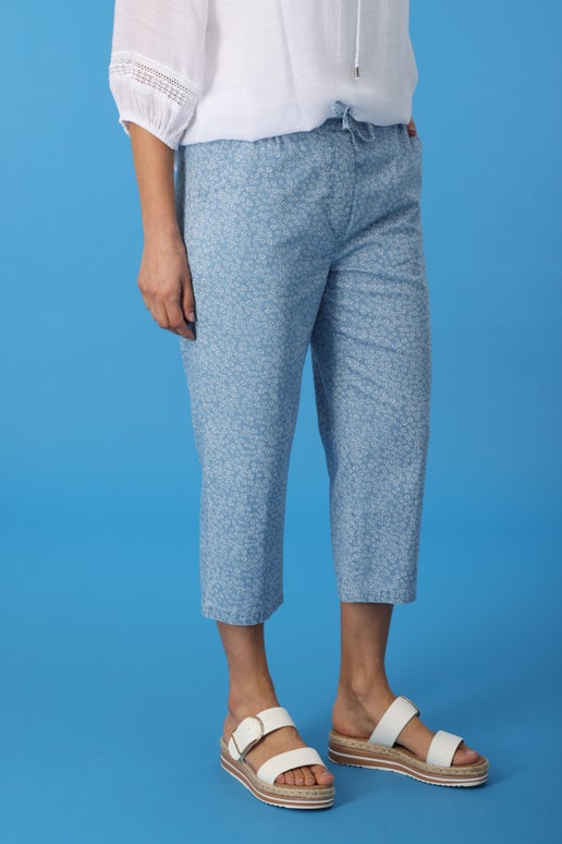 Printed Cotton Chambray Mid Calf Pant in Blue | Caroline Eve