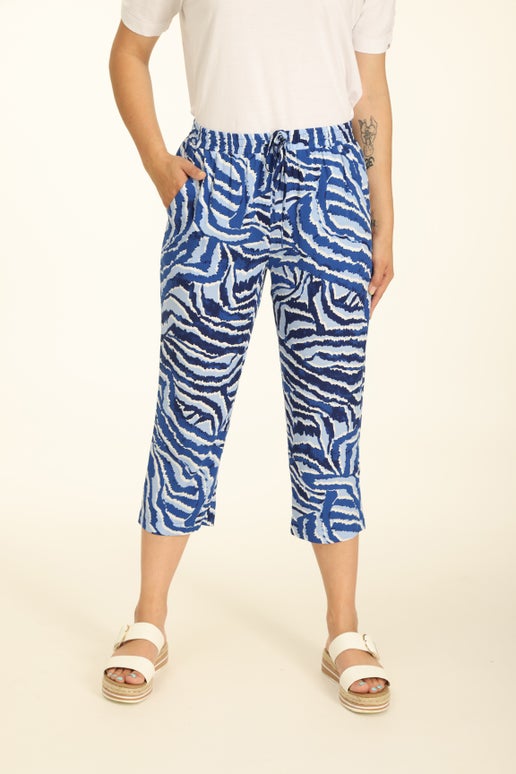 Printed Rayon Mid Calf Pant in Blue | Caroline Eve
