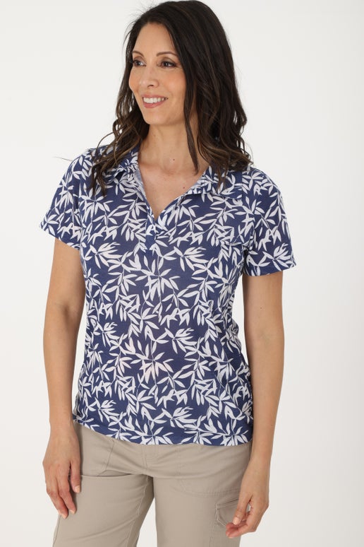 Printed Poly Slub Polo Top in Blue | Caroline Eve