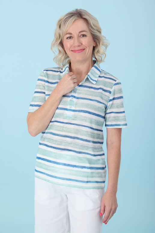 Printed Slub Polo Top in Blue | Caroline Eve