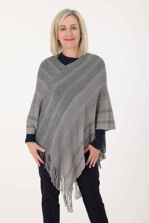 Knit Layer Poncho With Angled Tassels in Silver | Caroline Eve