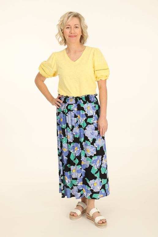 Printed Rayon Skirt in Blue | Caroline Eve