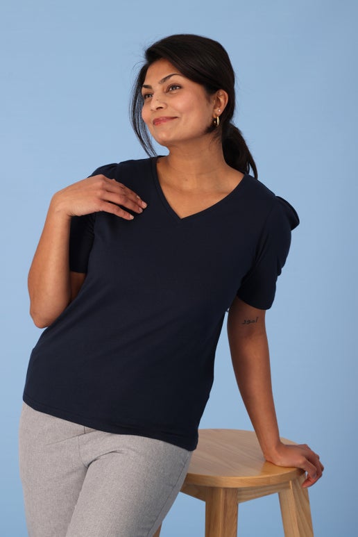 100% Cotton V Neck T-shirt in Navy | Caroline Eve
