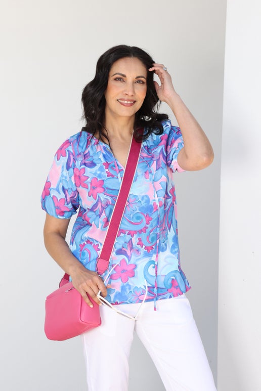 Printed Linen Look Top in Blue | Caroline Eve