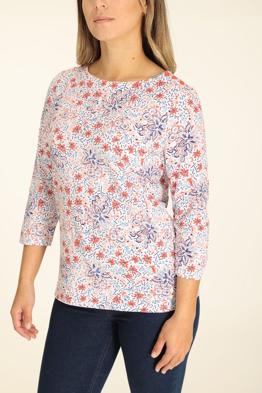Printed Cotton Knit Top in Blue | Caroline Eve