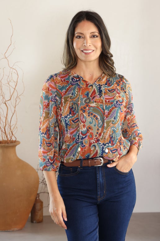 Pleated Chiffon Top in Jade | Caroline Eve