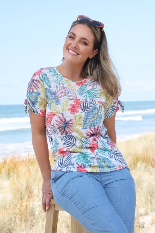Printed Burnout Top in Coral | Caroline Eve