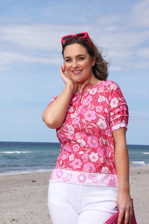 Printed Rayon Cotton Top in Pink | Caroline Eve