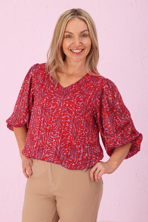 Printed Ribbon Chiffon Top in Red | Caroline Eve