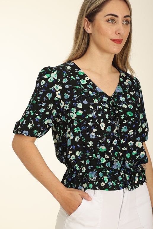 Printed Rayon Rouched Front Top in Black | Caroline Eve