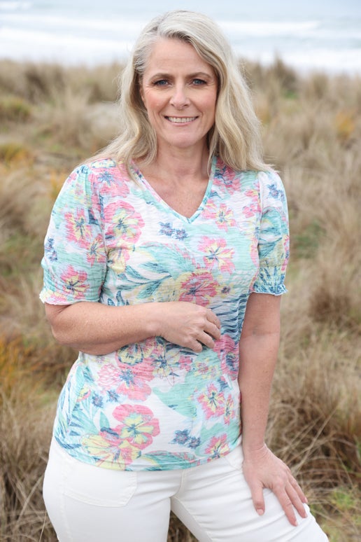 Printed Burnout Top in Green | Caroline Eve