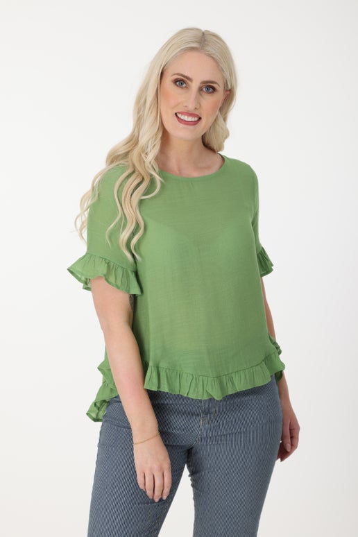Soft Cross Hatch Flutter Hem Top in Green | Caroline Eve