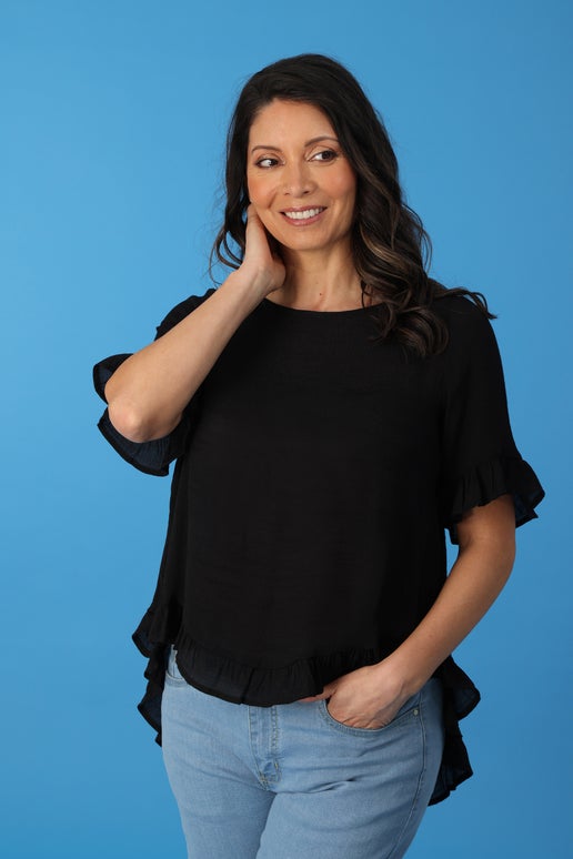 Soft Cross Hatch Flutter Hem Top in Black | Caroline Eve