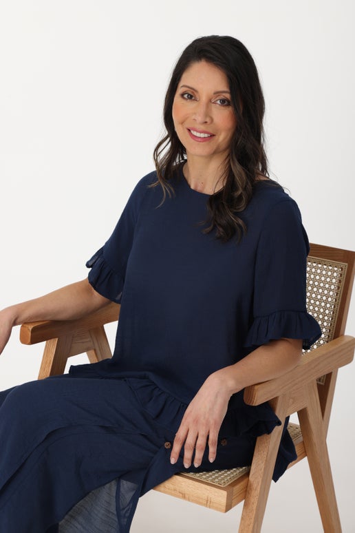 Soft Cross Hatch Flutter Hem Top in Navy | Caroline Eve