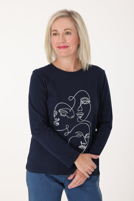 Three Ladies Graphic Print Top in Navy | Caroline Eve