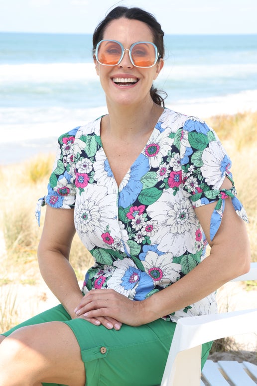 Printed Rayon Button Through Top in Blue | Caroline Eve