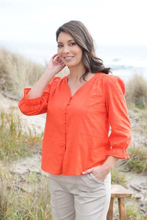 Cotton Self Stripe Top in Orange | Caroline Eve