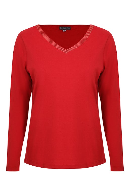 Cotton Rich Knit Detail V-neck Top in Red | Caroline Eve