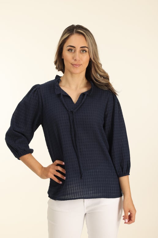 Cotton Mini Check Top in Navy | Caroline Eve