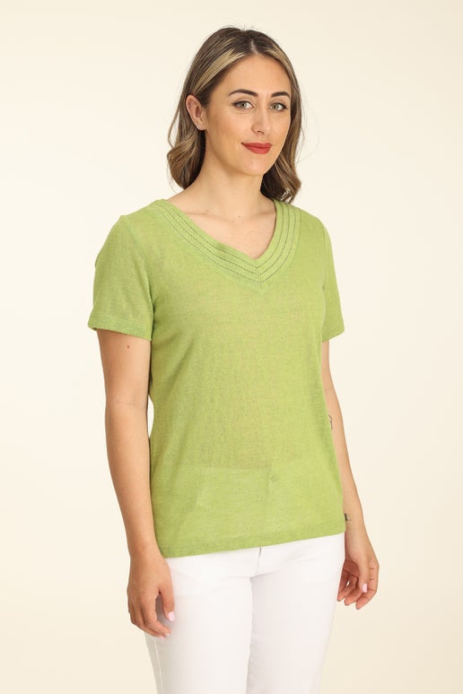 Soft Knit V Neck Top in Green | Caroline Eve