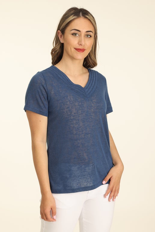Soft Knit V Neck Top in Blue | Caroline Eve
