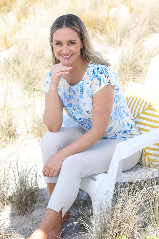 Printed Knit Top in Blue | Caroline Eve